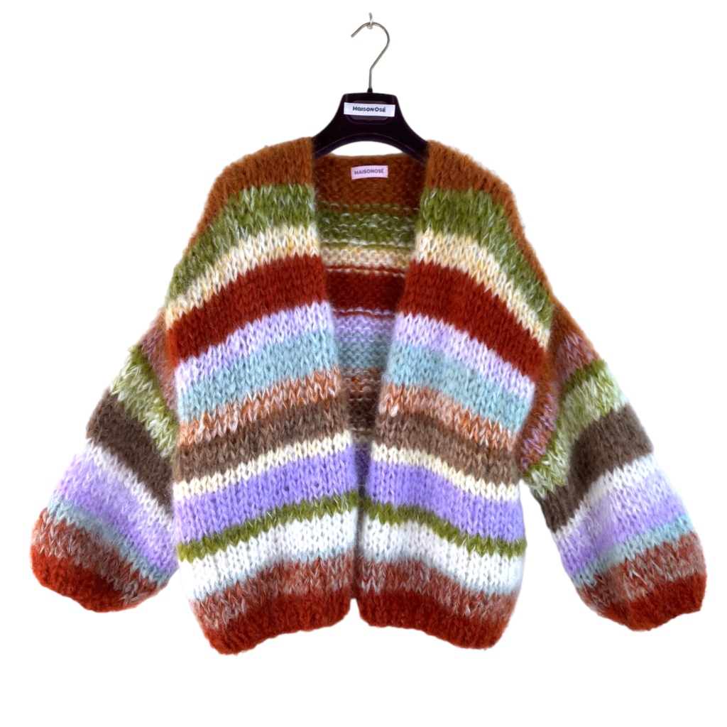 Chunky gebreide mohair cardigan in asgrijs met camo-print in fuchsia ...