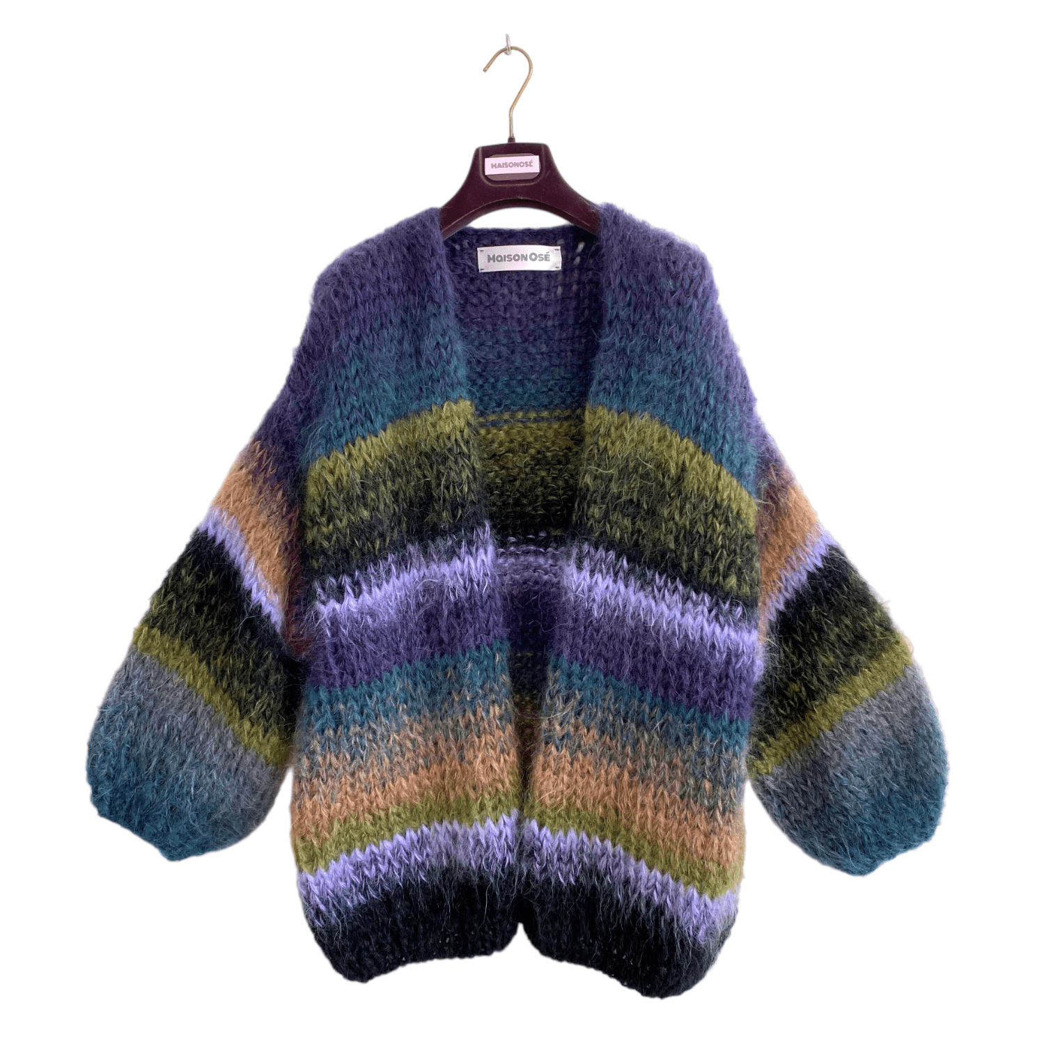 Chunky gebreide mohair cardigan in asgrijs met camo-print in fuchsia ...