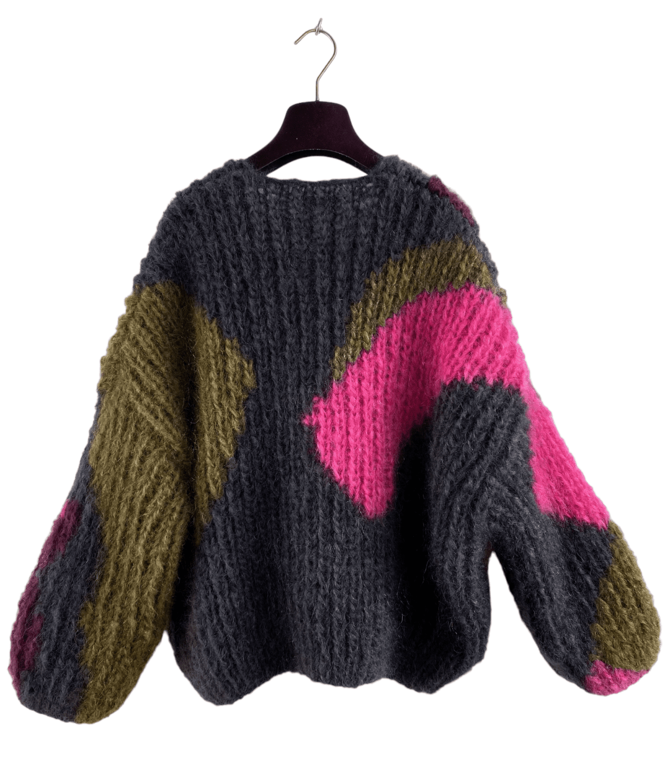 Chunky gebreide mohair cardigan in asgrijs met camo-print in fuchsia ...