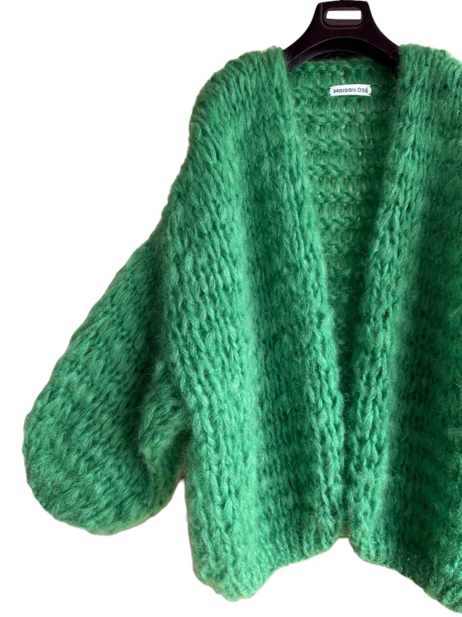 Grof gebreid kimono style vest in groene mohair - Maison Osé